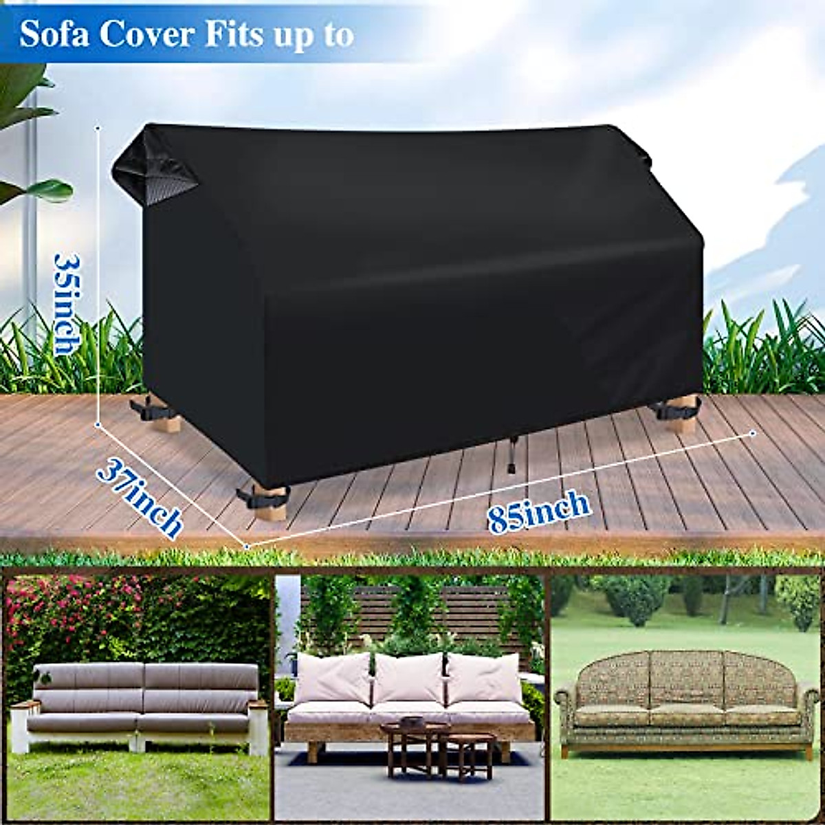 MEXQF Outdoor Sofa Covers Waterproof, Outdoor Couch Cover (85W x 37D x 35H, Black) Patio Furniture Covers 3-Seater Large Weatherproof Outdoor Furniture Cover for Lawn Outside Garden