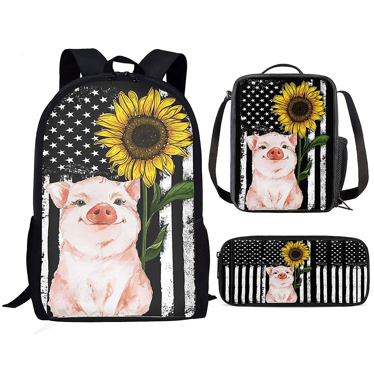 ZPINXIGN Cute Pig Backpack for Girls Elementary Middle School Bag Pack Sunflowers Book Bag Teens School Backpacks with Lunch Box Pencil Case Insulated Lunch Organizer