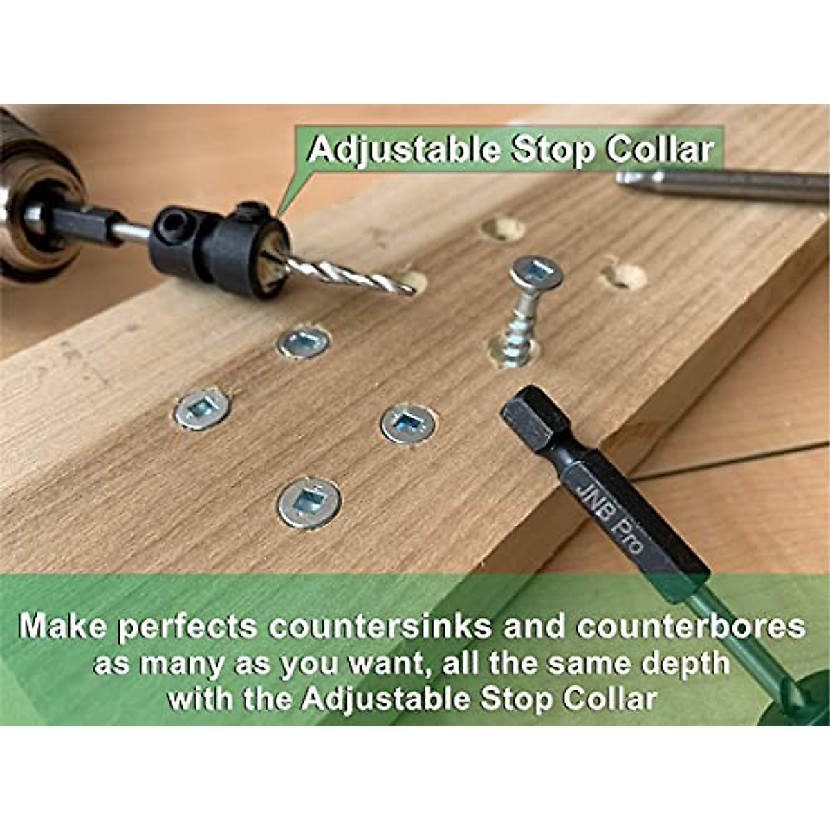 JNB Pro Wood Countersink Drill Bit Set,3 Pc Adjustable Countersink Bit #6(9/64"),All Same Size,1 Extra 9/64" Tapered Drill Bit, 1 Adjust. Collar,1/4" Quick Change Shank,Countersink (#6(9/64))