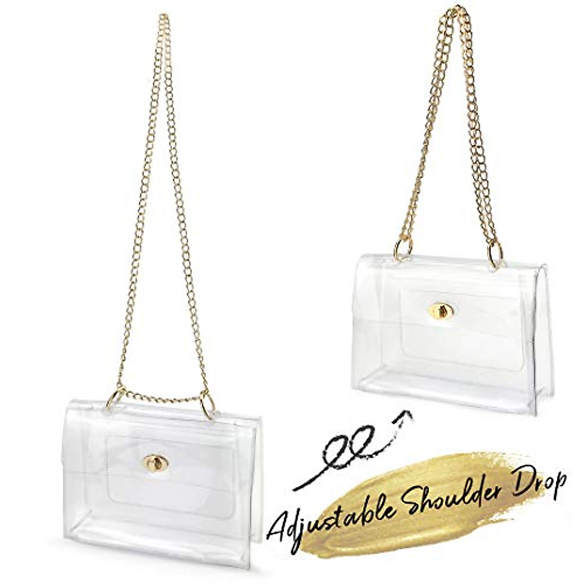 Women Clear Flap Top Chain Shoulder Handbag with Turn Lock Minimalist Messenger Purse for Stadium Approved (Clear)