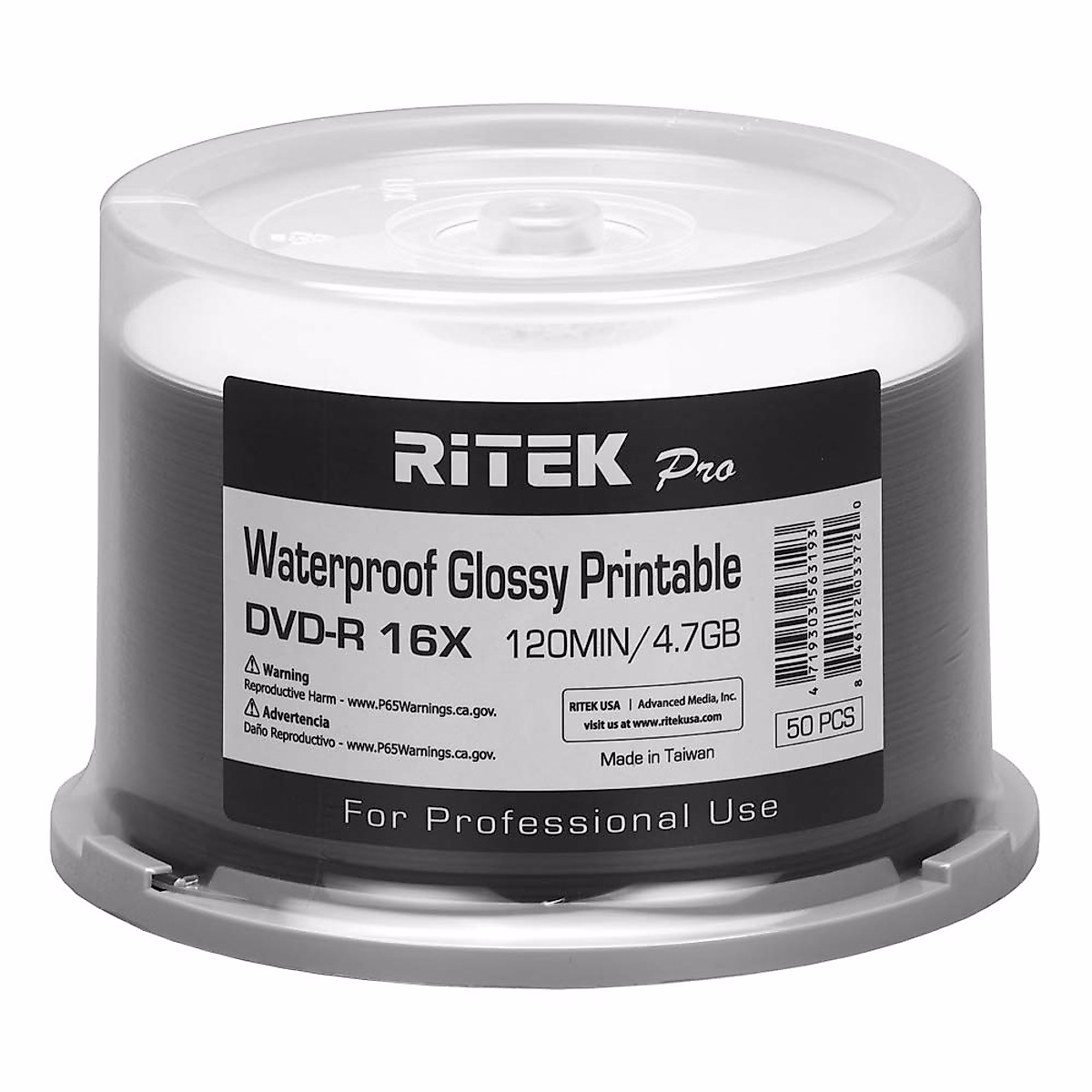 600 Pack Ritek Pro (Professional Grade) DVD-R 16X 4.7GB AZO Dye (MID MXL RG04) Watershield Water Resistant Glossy White Inkjet Hub Printable Blank Recordable Disc