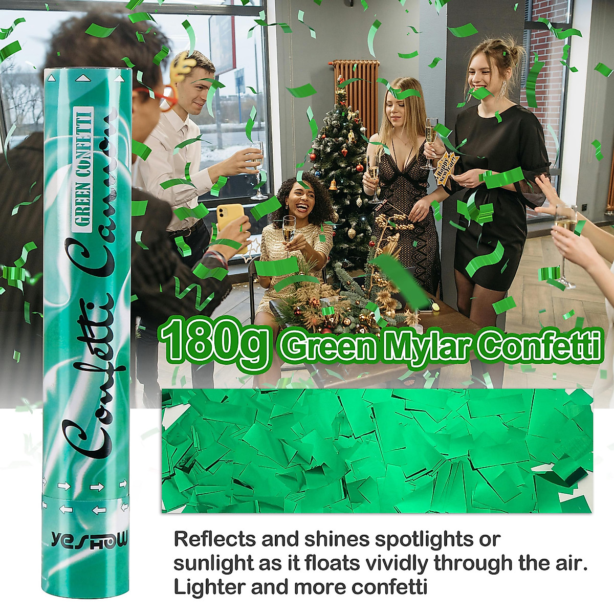 Confetti Cannon Poppers Green, 6PACK YESHOW Green Mylar Confetti Shooter for Graduation, Birthday Party, Nature Party Christmas Eve and New Year Celebration