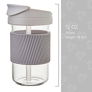 COMI Glass Travel Coffee Tumbler, Smoothie Cup Travel Dual-use Glass Coffee Cups with Lids Coffee Travel Cup with straw - 12 oz - Ash Grey