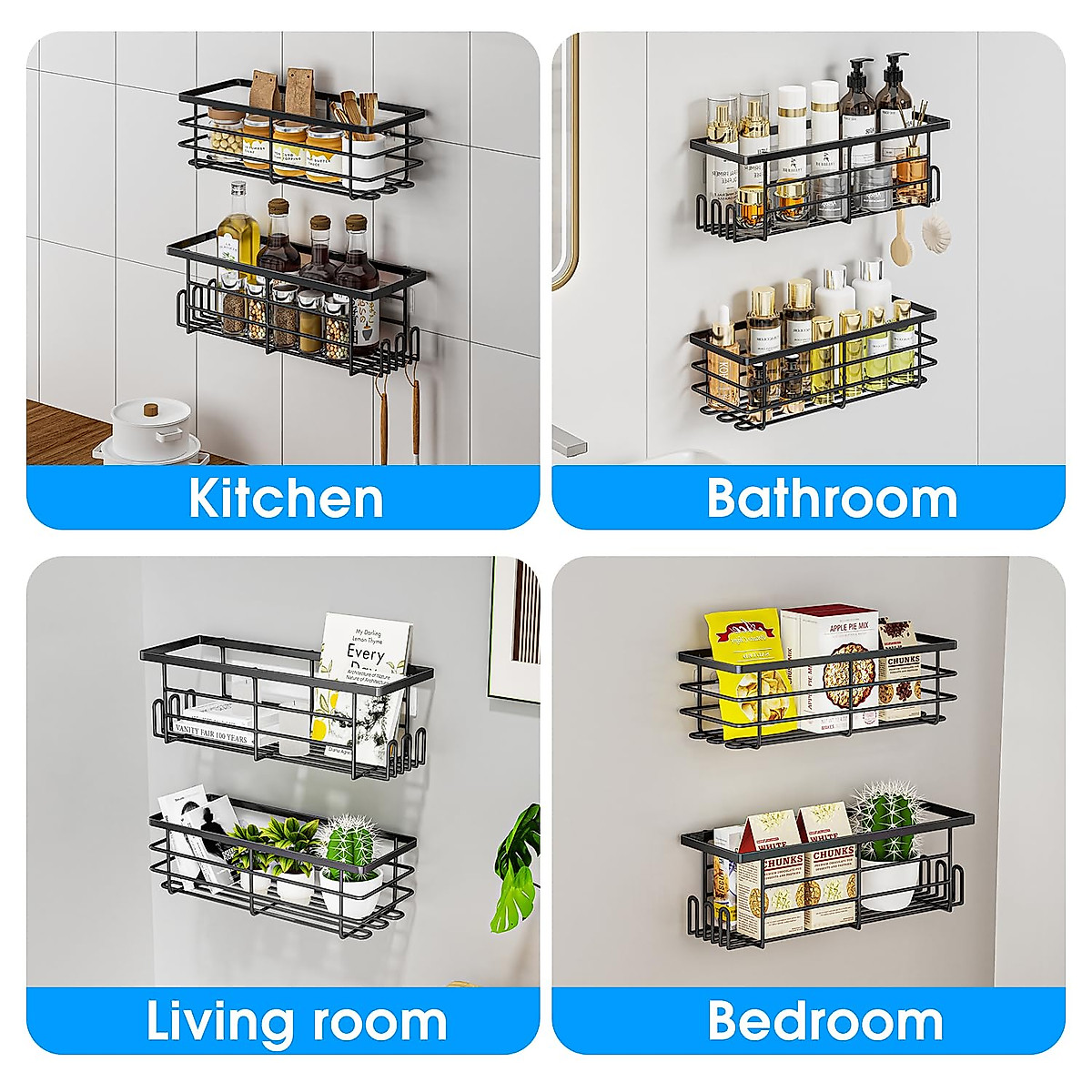 Fogf Shower Caddy 3 Pack, Adhesive Shower Organizer Rack, Wall Mounted, No Drilling, Large Capacity, Rustproof Stainless Steel Bathroom Organizer With 10 Hooks, Shower Caddy Shelf