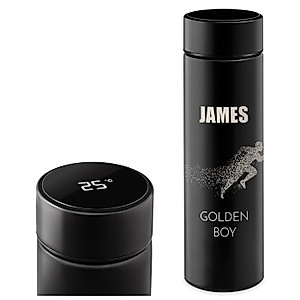 Maverton Travel Mug with engraving for man - 15,2 fl oz flask for him - Removable tea infuser - Lightweight design - LED Display - For Birthday - Personalized gadget for traveler - gold