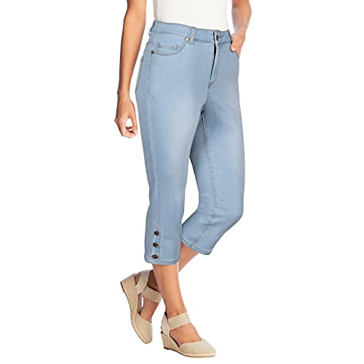 Woman Within Women's Plus Size Perfect Denim Capri with Button Trim - 22 W, Light Wash Blue