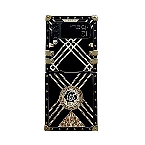 CCSmall Square Phone Case for Samsung Galaxy Z Flip3 with Ring Kickstand for Women Girly, Cute Elegant Metal Decoration Corner Soft TPU Case Cover for Samsung Galaxy Z Flip 3 BF Plaid Gold