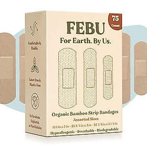 FEBU Eco-Friendly Organic Bamboo Fabric Bandages for Sensitive Skin | PFAS Free Flexible Latex Free Bandages | Natural Hypoallergenic Bandages for Scrapes, Cuts & First Aid | 75 Count Variety Pack
