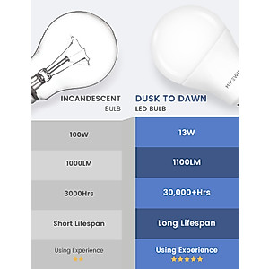 MikeWin Dusk to Dawn Light Bulbs Outdoor, Auto ON/Off Light Sensor LED Bulb 13W(100W Equivalent) Super Bright A19 E26 5000K Daylight Security Light Bulbs for Porch Garage Patio Front Door, 2 Pack