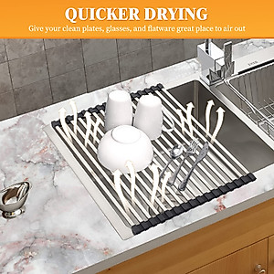 G-TING Dish Drying Rack 17.5" x 15", Over Sink Roll Up Large Dish Drainers Rack, Multipurpose Foldable Kitchen Sink Rack Mat Stainless Steel with Silicone Rims for Dishes, Cups, Fruits Vegetables