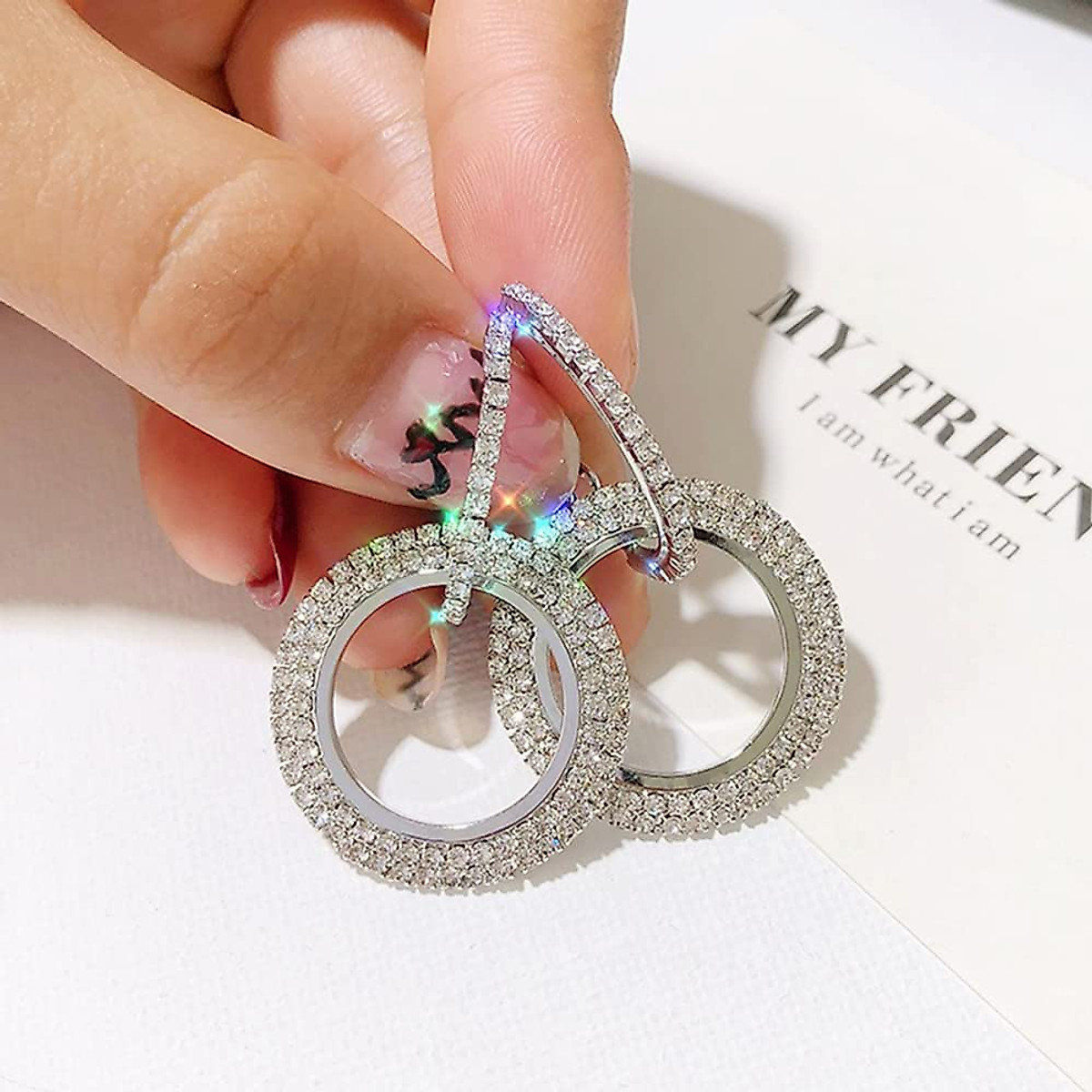 Fashion Rhinestone Double Circle Hoop Earrings Drop Studs for Women (Silver)