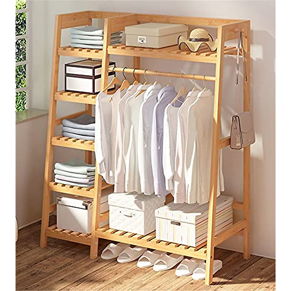 ZJDU Bamboo Garment Coat Clothes Hanging Rack,with Top Shelf and Shoe Clothing Storage Organizer Shelves, for Home Office Hallway Bedroom,110×42×140cm