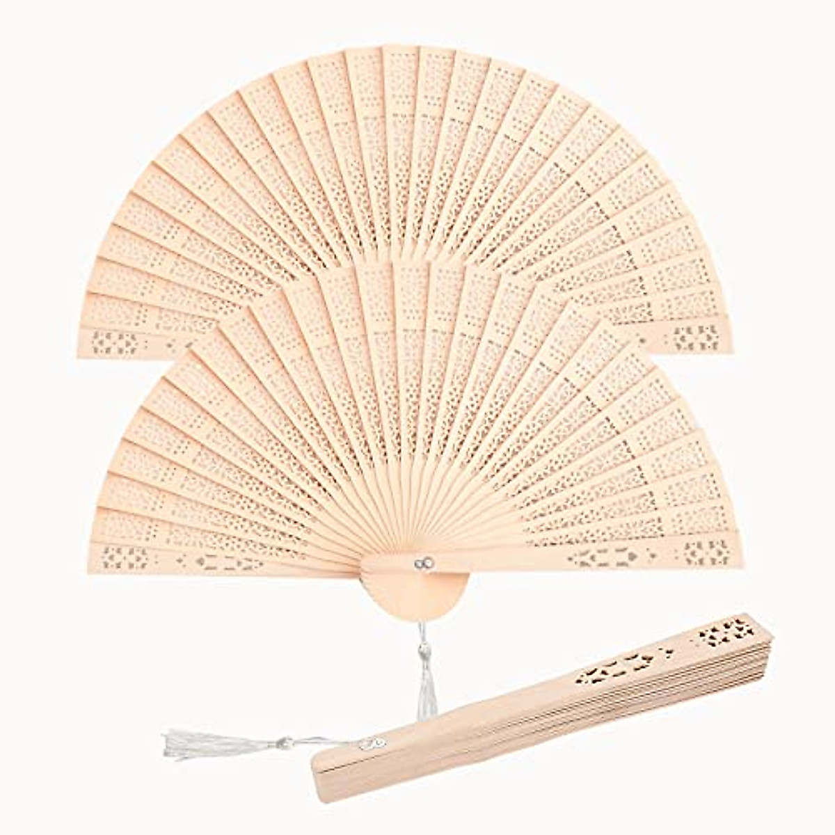 Merkaunis 50 PCS Wooden Folding Fans Wedding Fans Chinese wooden Fan with Tassel Hand Held Folding Fans Hollow Pattern for Women Foldable Wedding Gifts Baby Shower Party Favor and Home Decorations