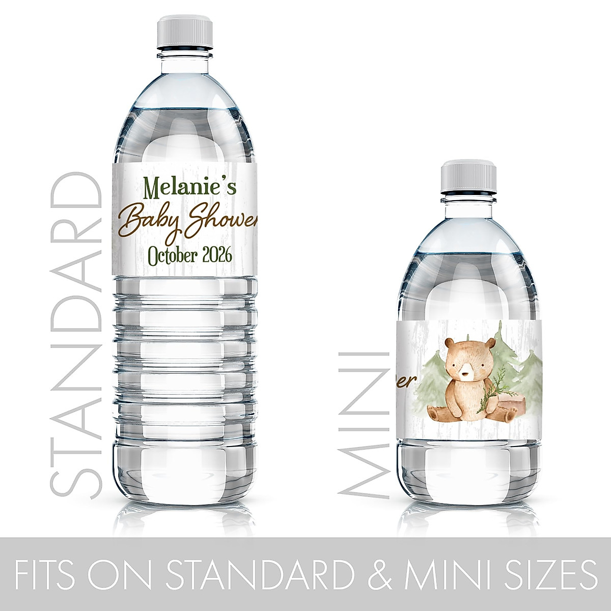 DISTINCTIVS Personalized Woodland Bear Baby Shower Water Bottle Labels - Customizable Waterproof Wrappers - 24 Stickers
