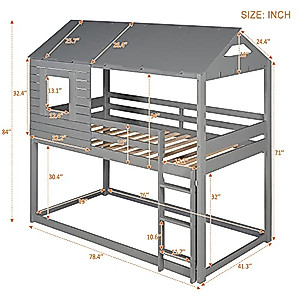 Tidyard Twin Over Twin Bunk Bed Wood Loft Bed with Roof, Window, Guardrail and Ladder Gray for Bedroom Dorm Guest Room Home Furniture