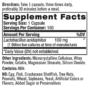 Natrol Acidophilus 100mg Capsules, Unflavored, Purple, 150 Count, Pack of 3