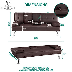Naomi Home Transform Your Living Space with Comfort Espresso Futon Sofa Bed with Armrest, Cupholders, & Reclining Function, Ideal for Cozy Living Rooms! Sofa Bed Couch with Metal Legs, Faux Leather