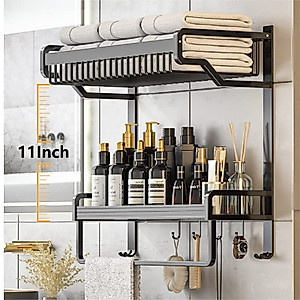 Bathroom Shelf Over The Toilet Storage Shelf 2 Tiers Floating Shelves Wall Mounted Bathroom Shelves Black Metal Bathroom Storage Organizer with Towel Bar and Removable Hooks
