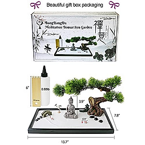 Japanese Tabletop Meditation Zen Garden Gift - Tabletop Rock Sand Meditating Garden Bridge Bamboo Rakes Bonsai Tree Plant Pagoda Accessories Tools Kits Office Home Desktop Relaxation Sandbox Decor