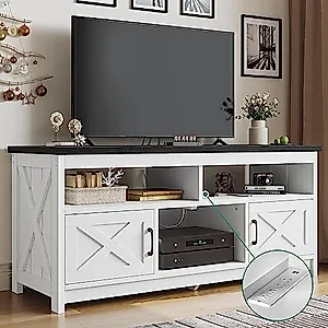 YITAHOME Farmhouse TV Stand for 65 inch with Power Outlet, Mid Century Modern Wood TV Table Media Console with Storage Cabinet and Open Shelves for Living Room, Bedroom, Black/White