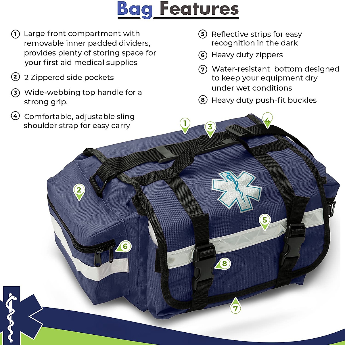 NOVAMEDIC Professional Empty Blue First Responder Bag, 17" x 9" x 7", EMT Trauma First Aid Carrier for Paramedics and Emergency Medical Supplies Kit, Lightweight and Durable