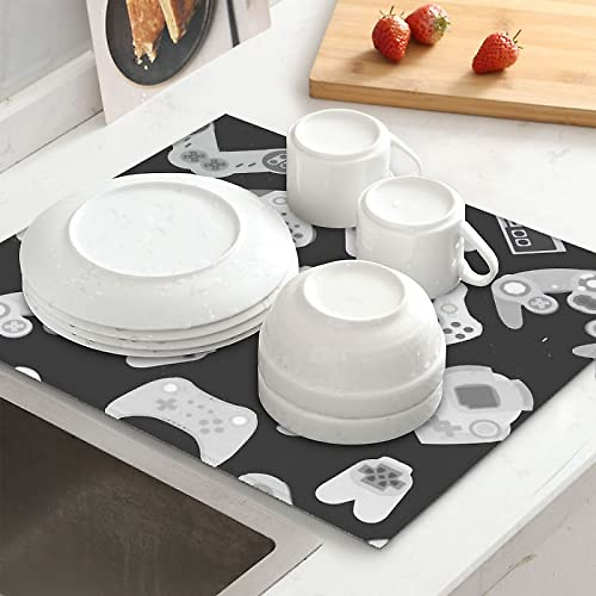 Game Controller Printed Drying Mat For Kitchen Ultra Absorbent Microfiber Dishes Drainer Mats Non-Slip Silicone Quick Dry Pad - 18 X 16inch