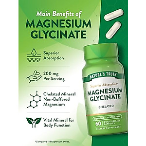 Magnesium Glycinate Capsules | 200mg | 60 Count | Chelated Superior Absorption Formula | Non-GMO & Gluten Free Supplement | by Nature's Truth