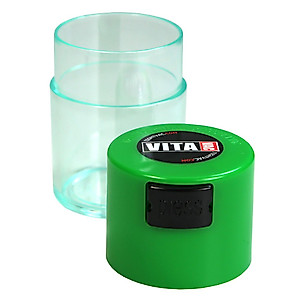 Vitavac - 5g to 20 grams Airtight Multi-Use Vacuum Seal Portable Storage Container for Dry Goods, Food, and Herbs - Green Cap & Clear Body
