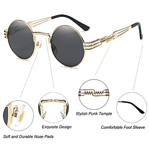 Dollger Round Sunglasses Black Steampunk Glasses Gold Metal Frame Mirror Lens Sunglasses
