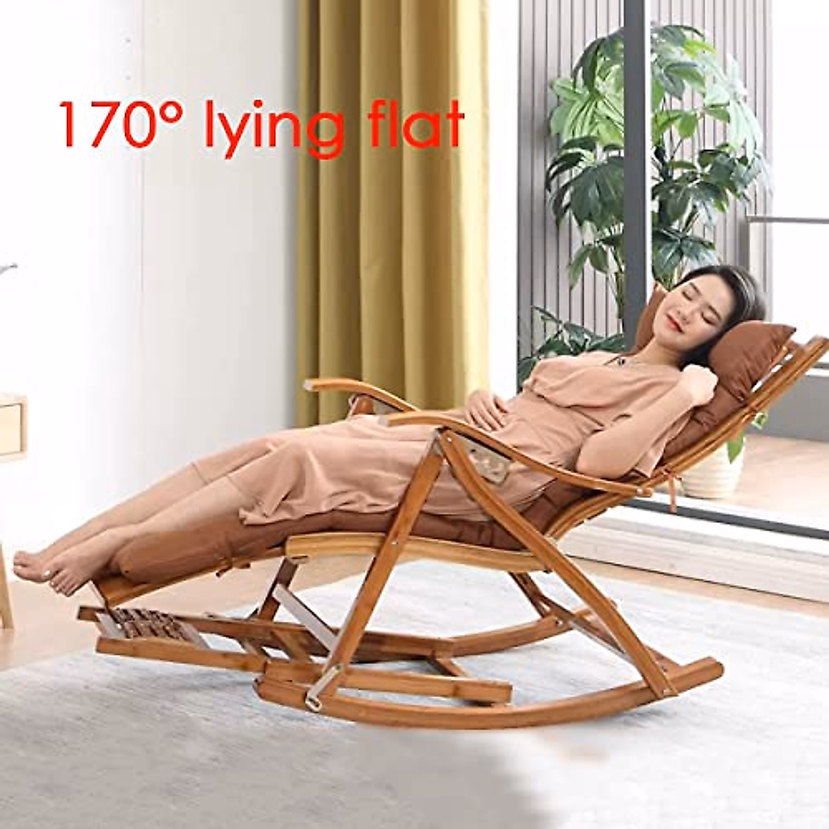 LEIYTFE Wood Recliner Folding Relaxing Chair with Footrest,Comfy Rocking Armchair with Upholstered,Comfy Glider Rocker Chair for Balcony Patio,Adjustable Back (Color : Brown)