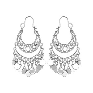 Bohemian Boho Chandelier Dangle Drop Earrings for Women – Lightweight Filigree Gypsy Coin Disc Tassel Charm Hoops – included Gift Box (Silver)