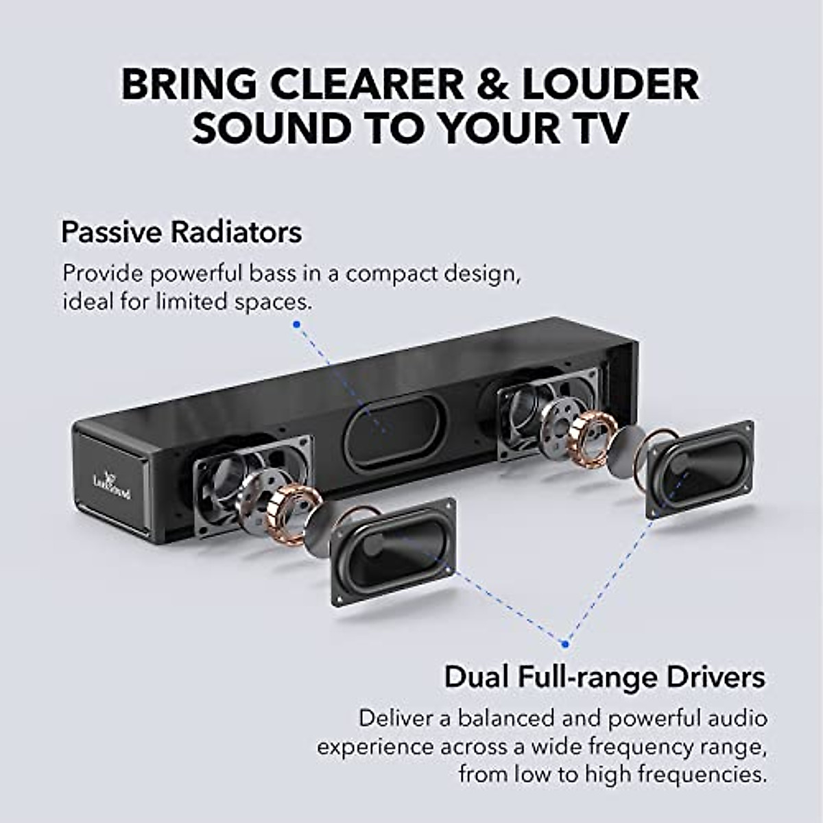 LARKSOUND Small Sound Bar for TV/PC/Gaming, Surround Sound System, Mini TV Speaker Soundbar with Bluetooth/HDMI ARC/Optical/AUX/USB Connections
