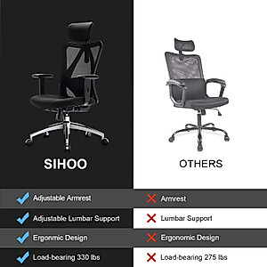 SIHOO Ergonomic Office Chair, Big and Tall Office Chair, Adjustable Headrest with 2D Armrest, Lumbar Support and PU Wheels, Swivel Computer Task Chair for Office, Tilt Function Computer Chair