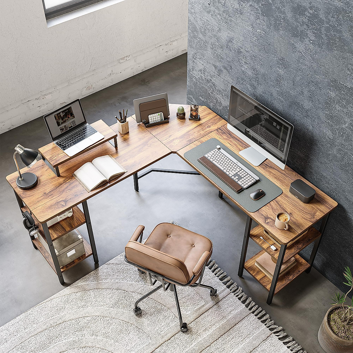 CubiCubi L Shaped Desk, 50.4 inch Computer Corner Desk with 2 Storage Shelves, Home Office Desk with Monitor Stand, Rustic Brown
