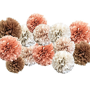 Tissue Pom Poms Wedding Party Decorations – 20 Pieces Dusty Pink Brown Pastel Cream Ivory Paper Flowers Kit for Engagement Bridal Baby Shower Bachelorette Hanging Decor (Rose Gold)