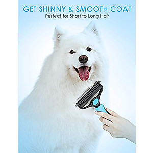 MalsiPree Dog Grooming Brush for Shedding - 2 in 1 Deshedding Tool and Undercoat Rake for Long and Short Haired Dogs with Double Coat - Dematting Comb and Pet Hair Deshedder Supplies (Large, Blue)