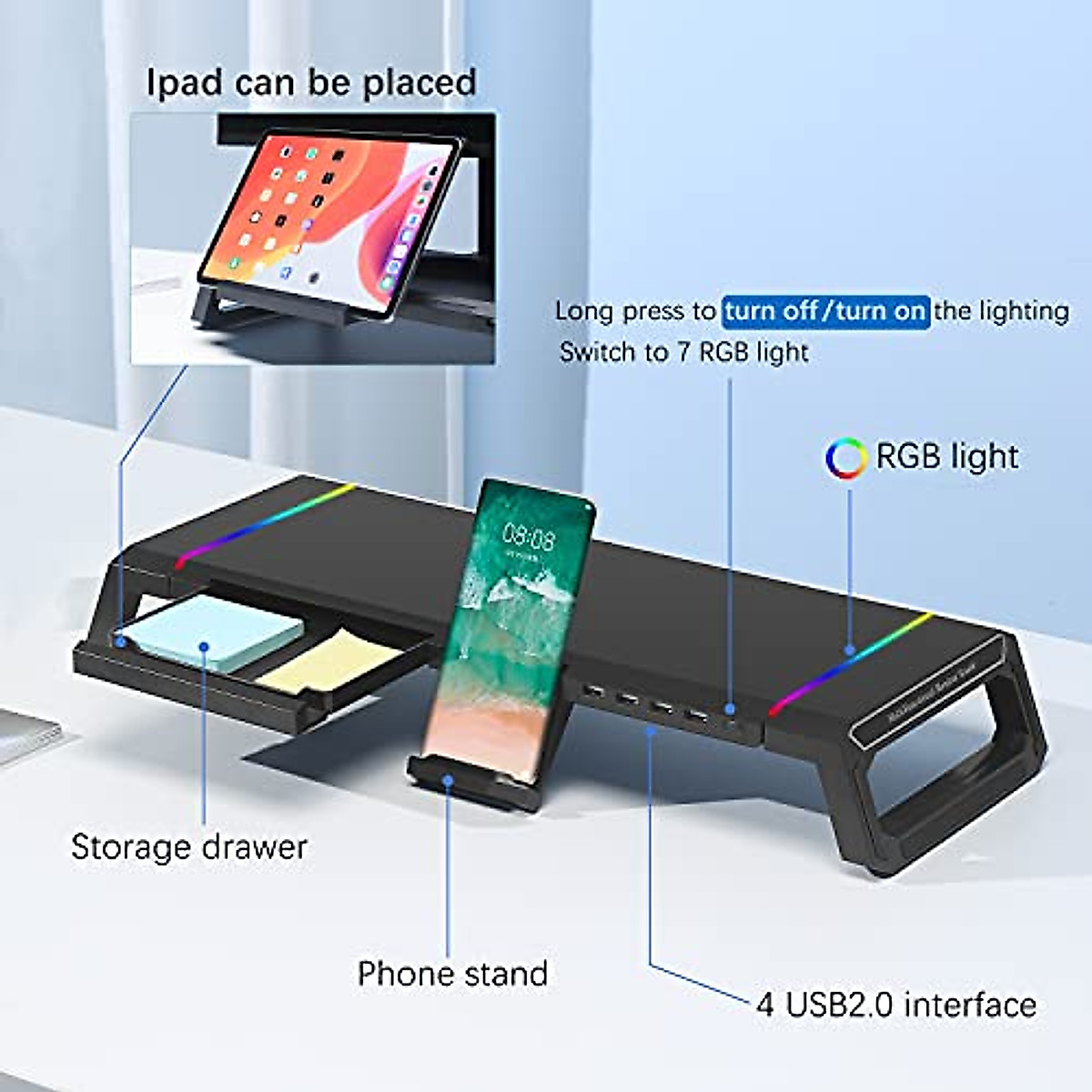 MOOJAY Monitor Stand for Desk RGB Gaming Lights with 4 USB 2.0, Foldable Computer Screen Riser with Storage Drawer and Phone Holder, Desk Organizer Laptop Stands Shelf, for PC/Laptop/iMac - Black