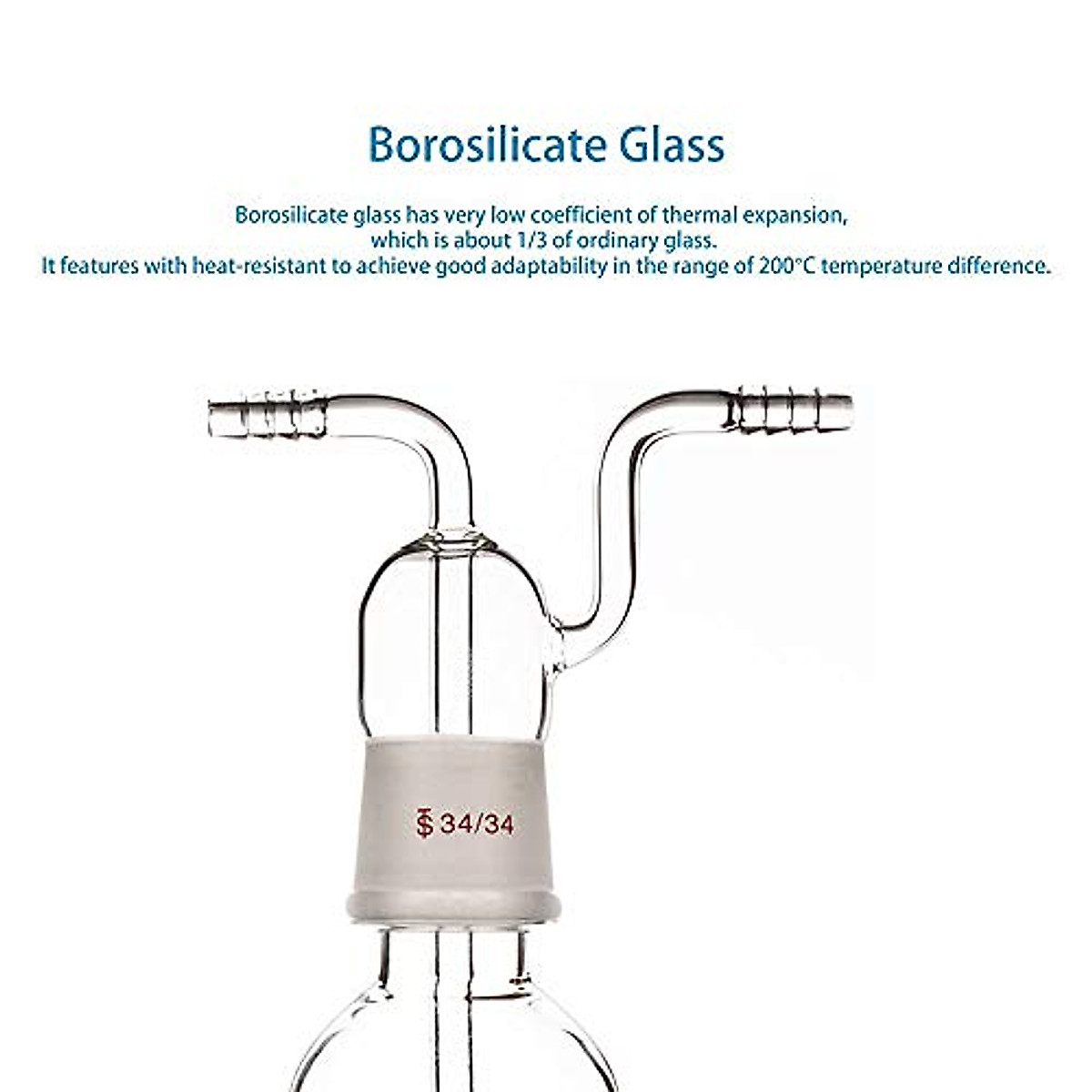 stonylab Gas Washing Bottle, Borosilicate Glass 34/34 Stopper Gas Bubbler Gas Washing Bottle with Fritted Disc and 8 mm OD Inlet/Outlet Hoses, 500 ml