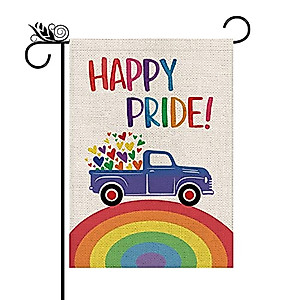 Rainbow Garden Flag Rainbow Truck Vertical Double Sided Happy Pride Flag LGBT Lesbian Gay Transgender Pansexual Flag Farmhouse Yard Outdoor Lawn Decoration 12.5 x 18 Inch