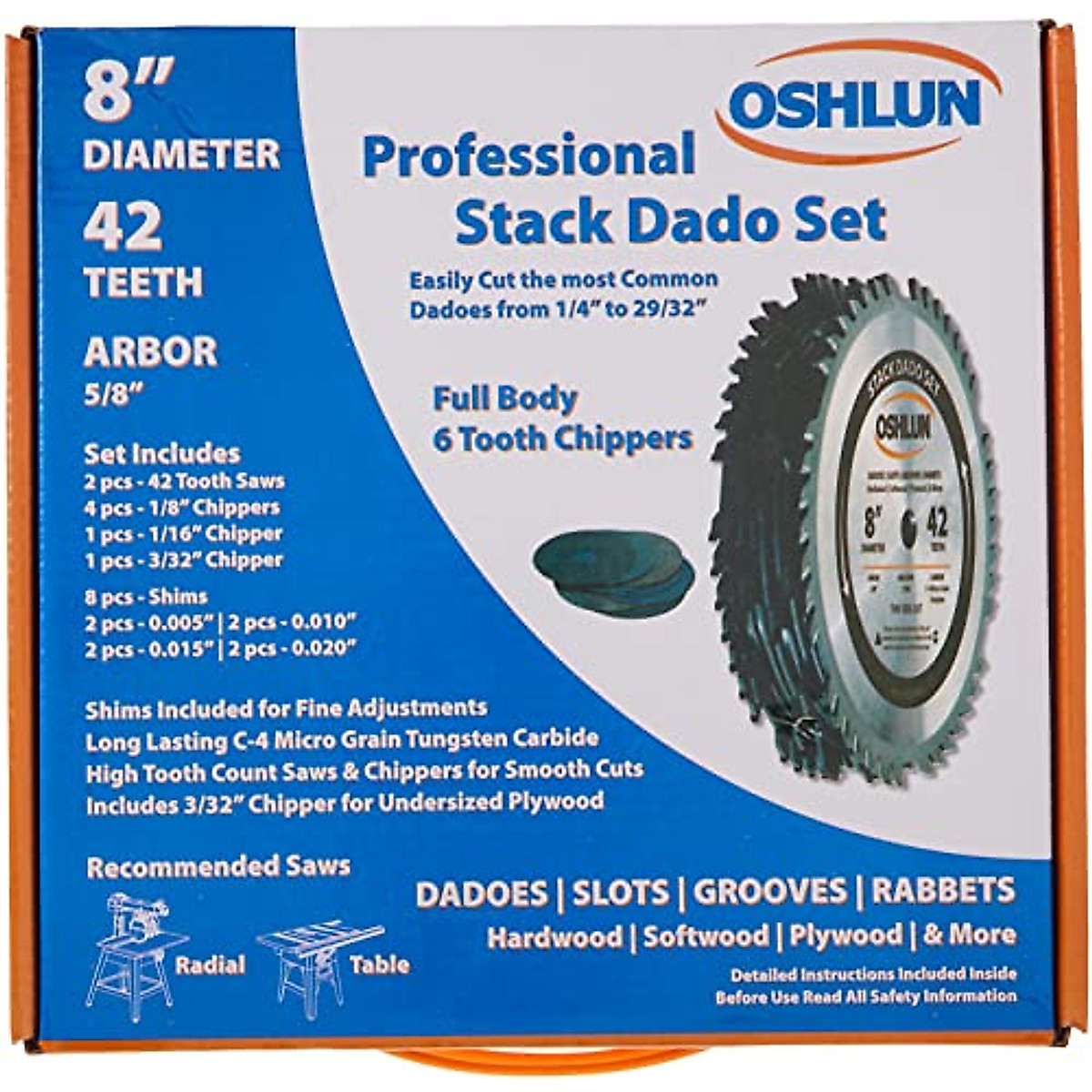 Oshlun SDS-0842 8-Inch 42 Tooth Stack Dado Set with 5/8-Inch Arbor