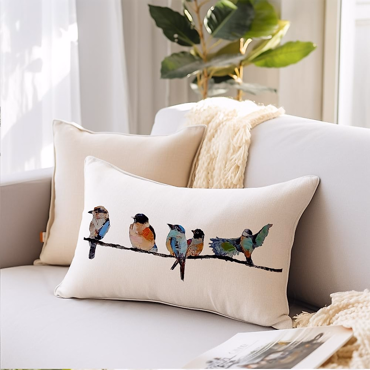 RABUSOFA Outdoor Pillow Covers Waterproof 12x20,Outdoor Bird Lumbar Throw Pillow Cases Small Decorative Pillows for Couch Patio Furniture Polyester Linen Teal Blue