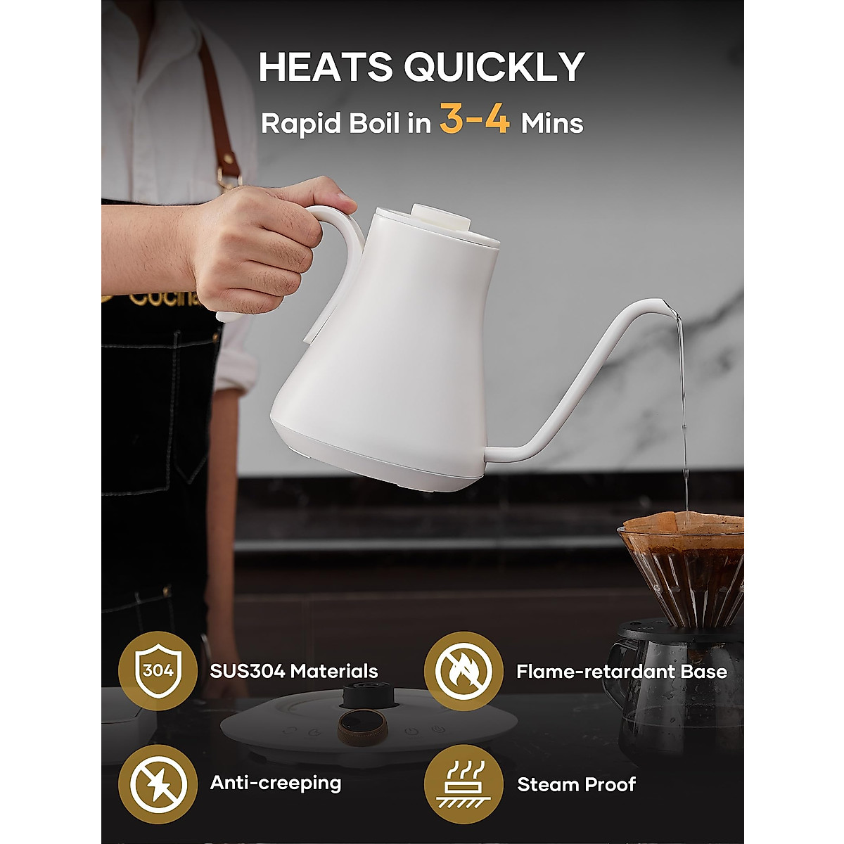 Cocinare Electric Gooseneck Kettle with Temperature Control, Pour Over Coffee & Tea, 1200W for 180-sec Quick Boil Time, Stainless Steel Kettle Water Boiler, 30oz/0.9L (White)