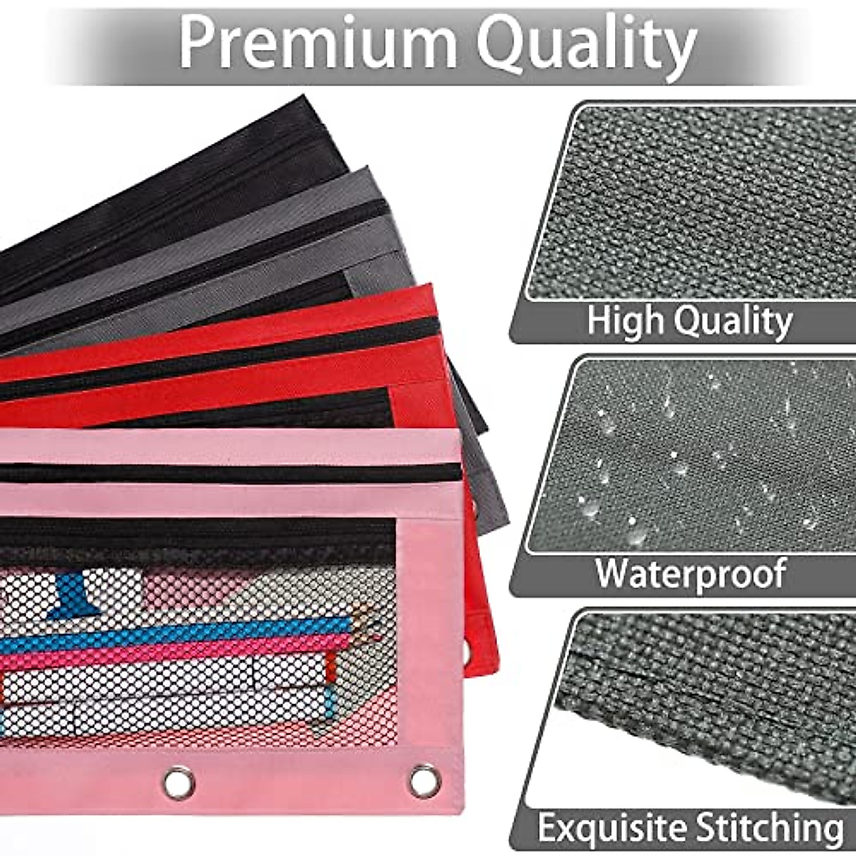 Antner 6 Pack Binder Pencil Pouch for 3 Ring Binder, Zipper Pouch Case with Smooth Zipper & Clear Window, Large Capacity 3-Hole Pencil Bag with Reinforced Grommets, Grey