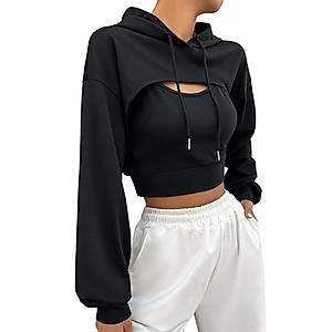 SweatyRocks Women's 2 Piece Outfits Long Sleeve Pullover Crop Top Sweatshirts Hoodie And Cami Tank Top Set Black S