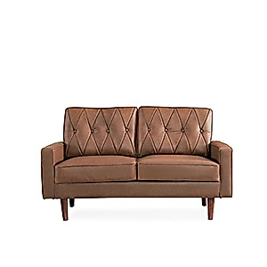 Container Furniture Direct Modern Style Faux Leather Loveseat with Elegant Round Tapered Legs and Button Tufted Backrest Perfect for Living Room, Bedroom or Home Office, 57.5’’ Wide, Brown