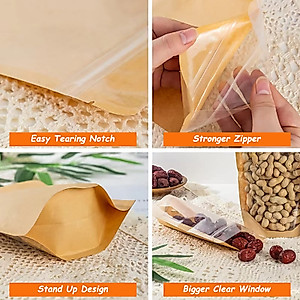100 PCS Stand Up Pouches, 4 x 6 inch Kraft Paper Food Bags with Clear Window, Reusable Ziplock Food Storage Bags Resealable Pouches for Foods, Coffee Beans, Snacks