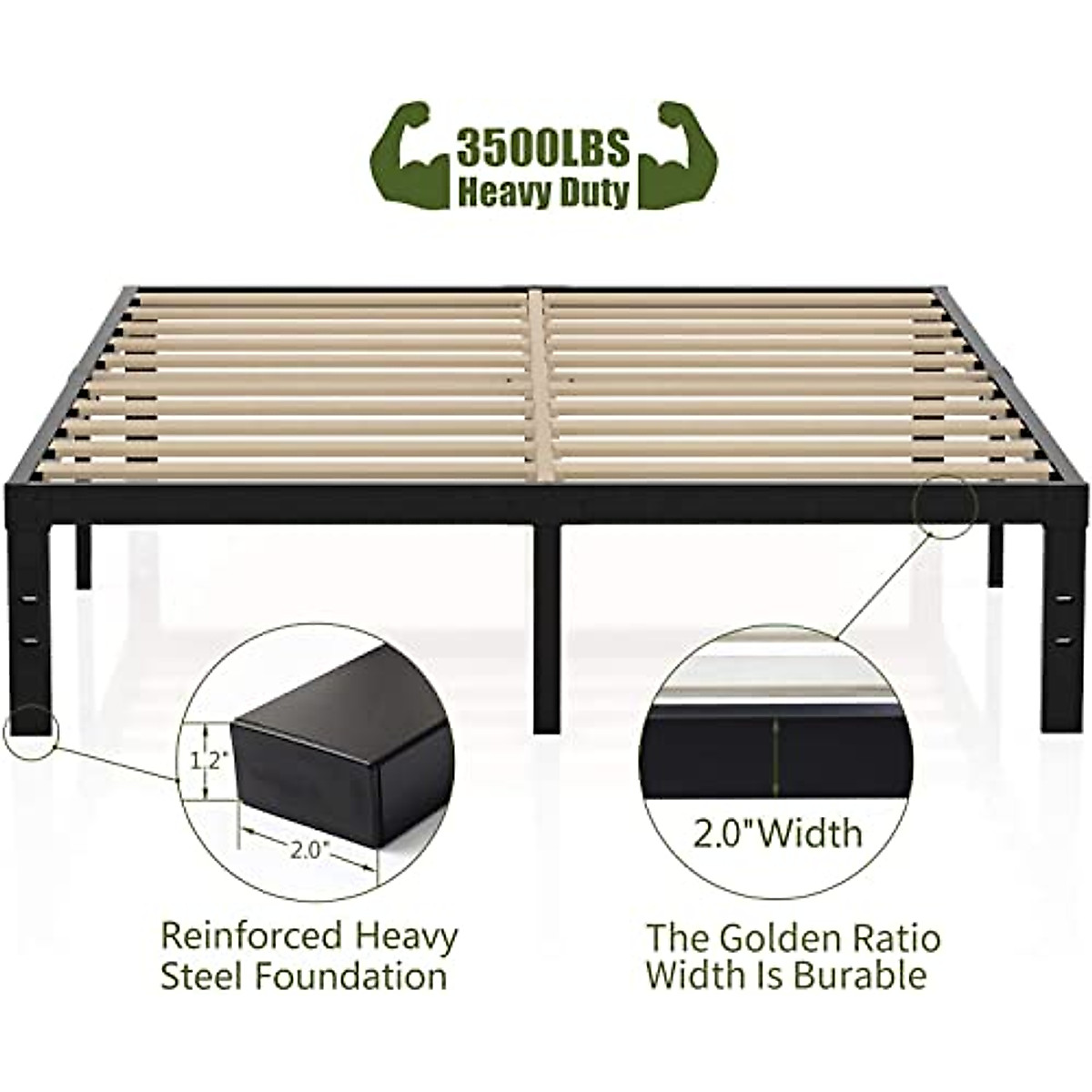 ZIORS 3500lbs Heavy Duty,14 Inch Steel & Wooden Slat Support Reinforced Platform Bed Frame,Mattress Foundation/No Box Spring Needed/Easy Assembly/Noise Free,Full/Queen/California King (King)