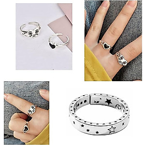 Aogrzun 16 Pcs Cool Silver Plated Frog Open Rings Set, Vintage Matching Rings, Cute and Stylish, Snake, Hug, Moon and Sun Rings for Couples for Women Men