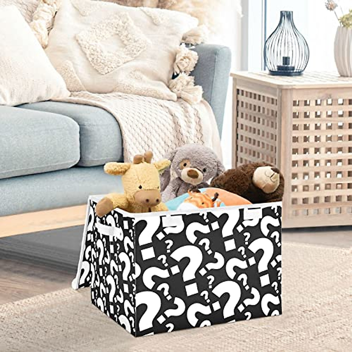 Kigai Question Mark Pattern Lidded Home Storage Bins, Foldable Storage Basket with Double Handle, Flip-Top Storage Box for Toys Clothes Documents