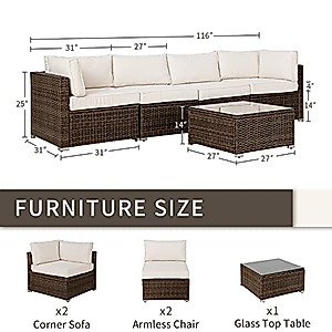 SUNBURY 5-Piece Outdoor Sectional Wicker Sofa in Off White Cushions, Brown Wicker Patio Furniture Set w Glasstop Table for Backyard Garden Porch